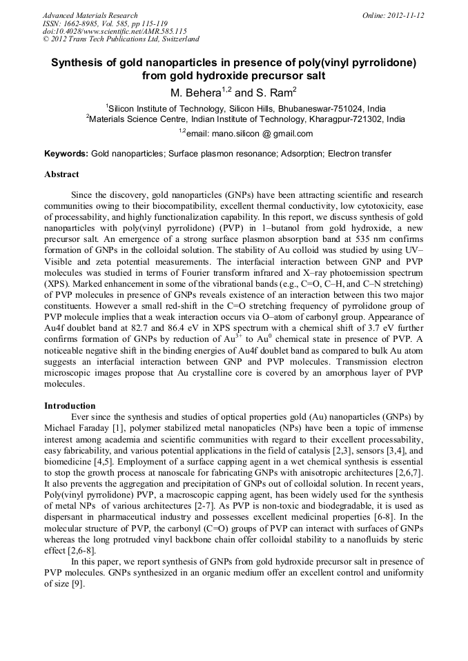 Synthesis of Gold Nanoparticles in Presence of Poly(vinyl pyrrolidone ...