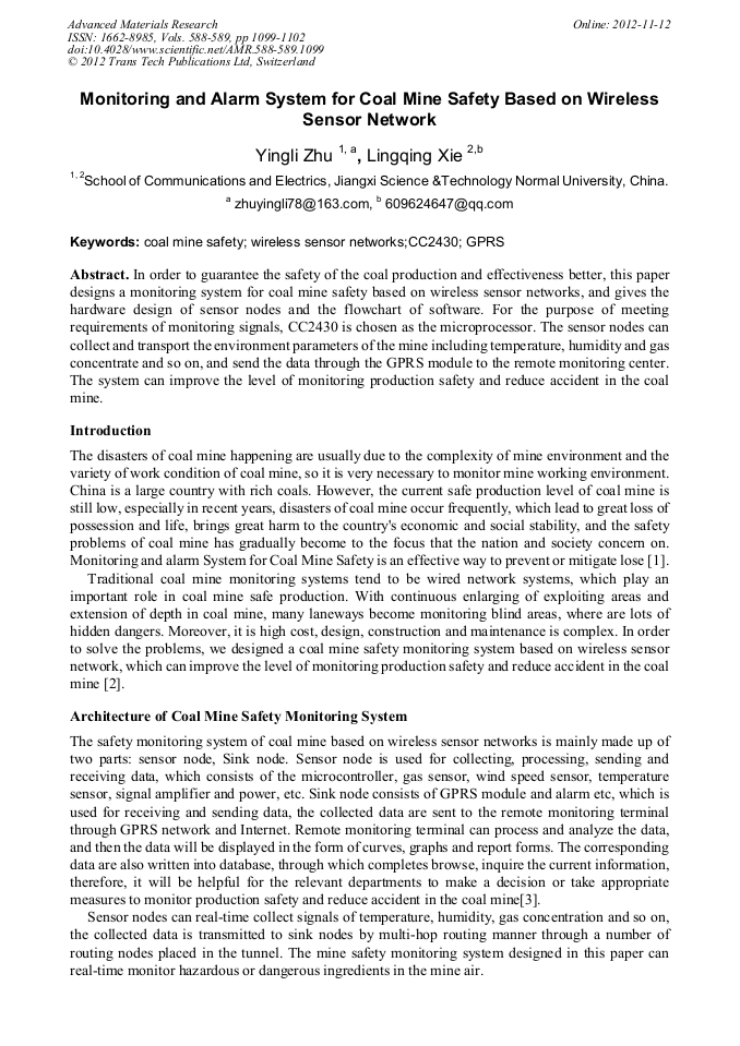 Monitoring and Alarm System for Coal Mine Safety Based on Wireless ...