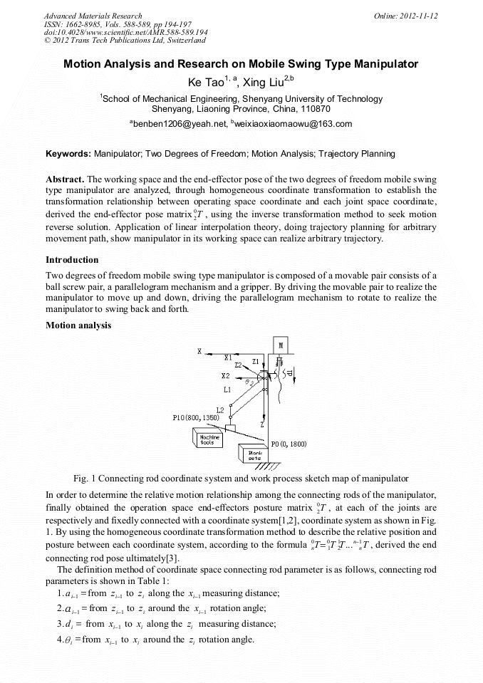 Motion Analysis and Research on Mobile Swing Type Manipulator ...