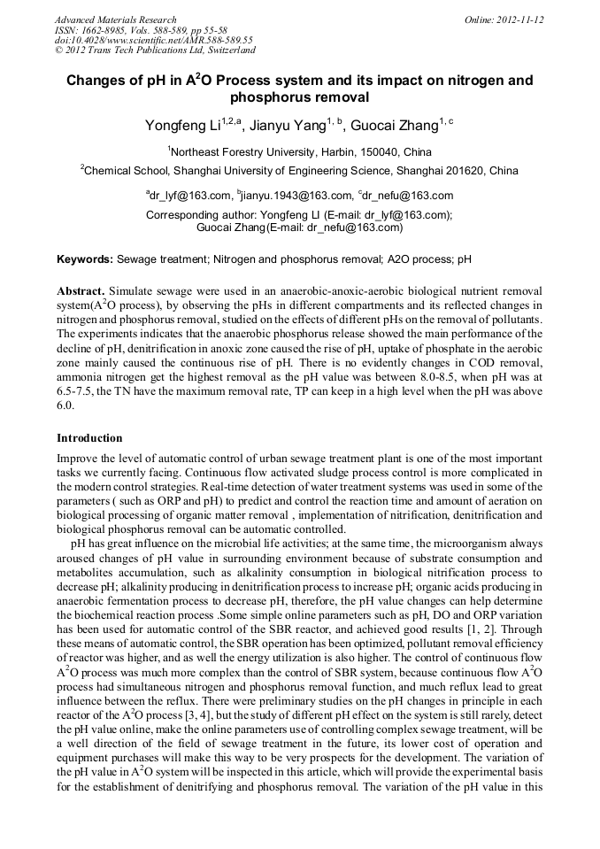 Changes of pH in A2O Process System and its Impact on Nitrogen and ...