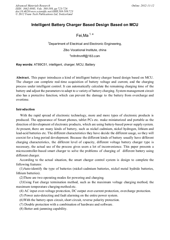 Intelligent Battery Charger Based Design Based on MCU | Scientific.Net