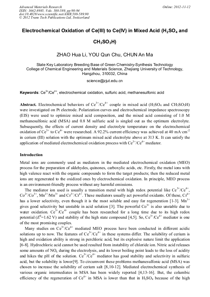 Electrochemical Oxidation of Ce(III) to Ce(IV) in Mixed Acid (H2SO4 and ...
