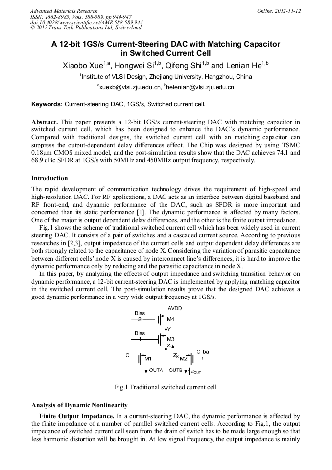 A 12-Bit 1GS/s Current-Steering DAC with Matching Capacitor in Switched ...