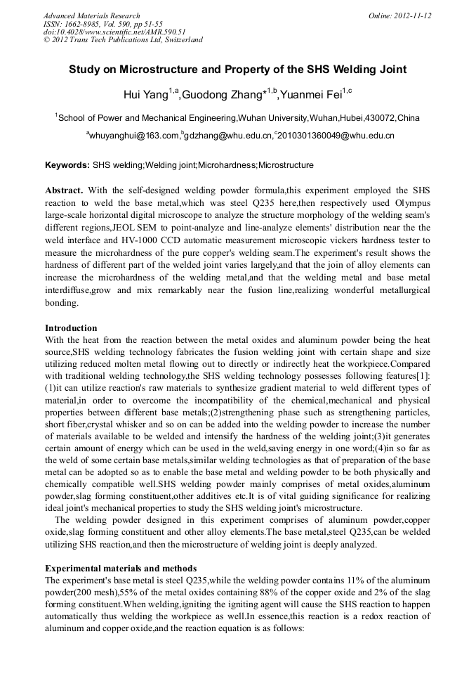 Study on Microstructure and Property of the SHS Welding Joint ...
