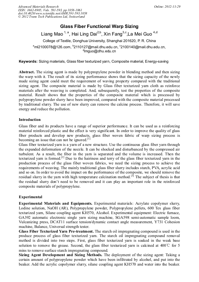 Glass Fiber Functional Warp Sizing | Scientific.Net
