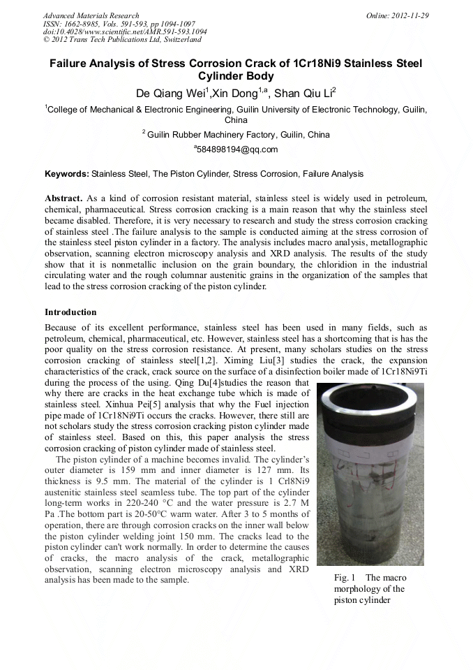 Failure Analysis of Stress Corrosion Crack of 1Cr18Ni9 Stainless Steel ...
