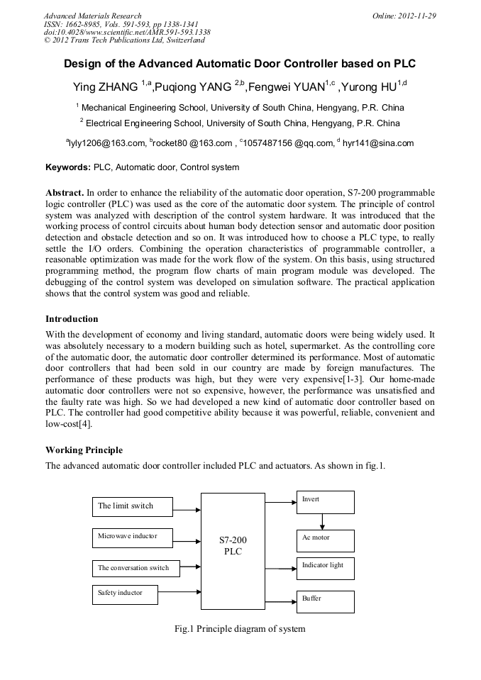 Design of the Advanced Automatic Door Controller Based on PLC ...