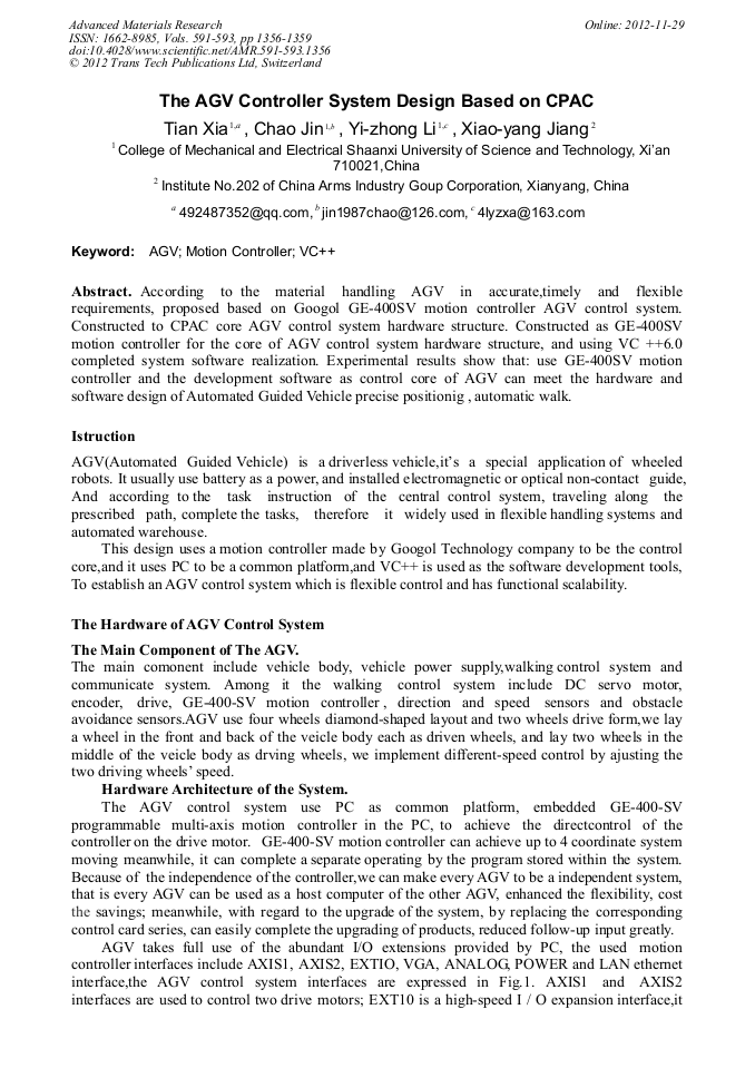The AGV Controller System Design Based on CPAC | Scientific.Net