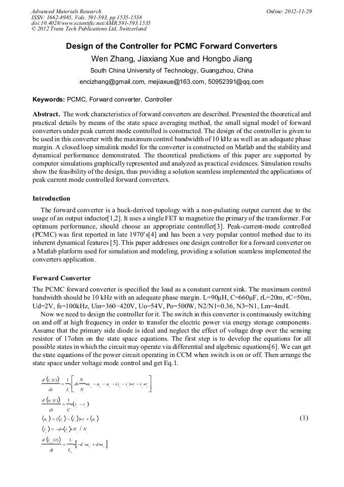 Design of the Controller for PCMC Forward Converters | Scientific.Net