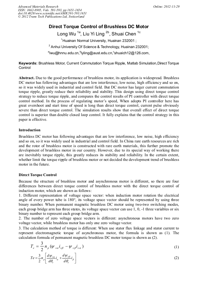 Direct Torque Control of Brushless DC Motor | Scientific.Net