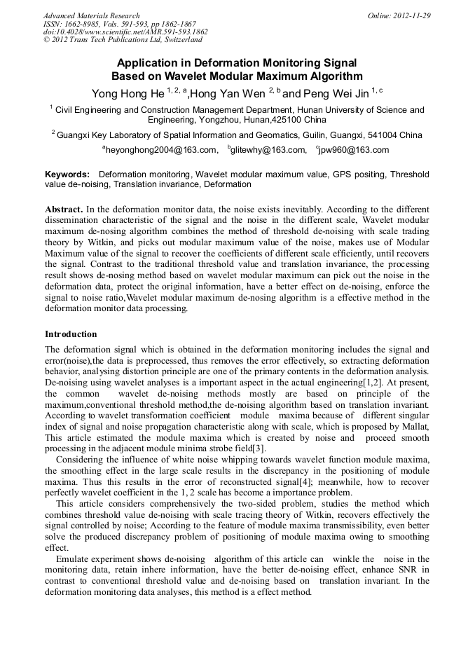 Application In Deformation Monitoring Signal Based On Wavelet Modular Maximum Algorithm