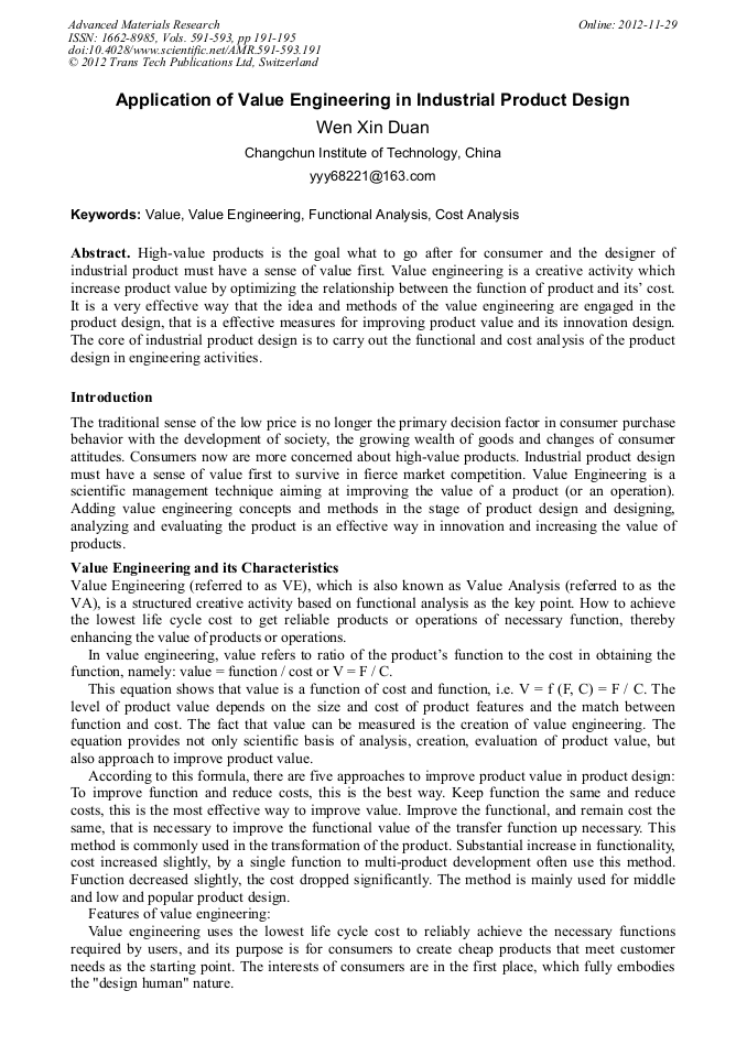 Application of Value Engineering in Industrial Product Design ...