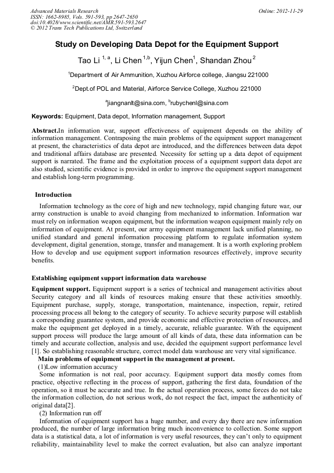 Study on Developing Data Depot for the Equipment Support | Scientific.Net
