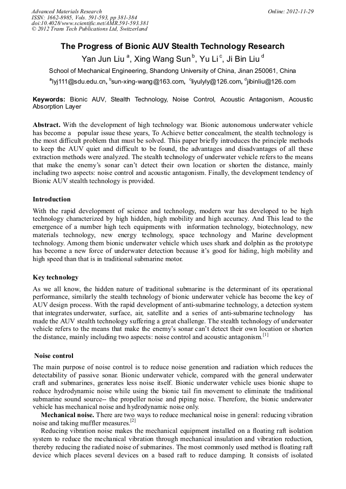 The Progress of Bionic AUV Stealth Technology Research | Scientific.Net