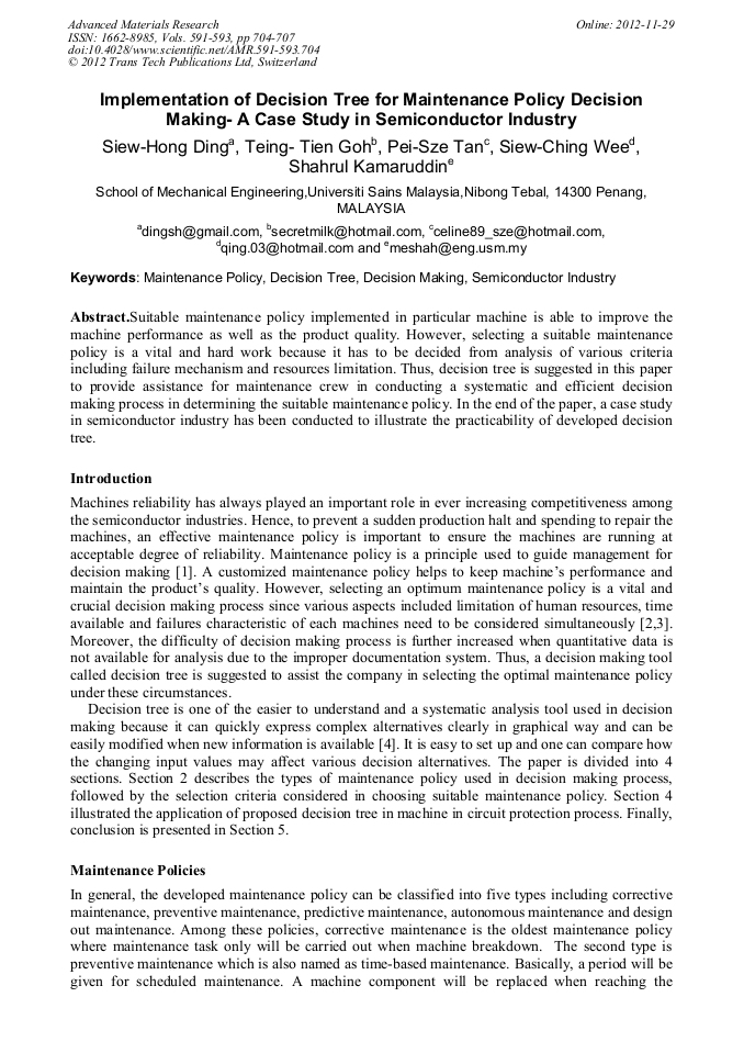 Implementation of Decision Tree for Maintenance Policy Decision Making ...