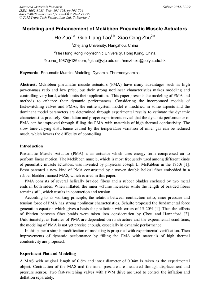 Modeling and Enhancement of Mckibben Pneumatic Muscle Actuators | Scientific.Net
