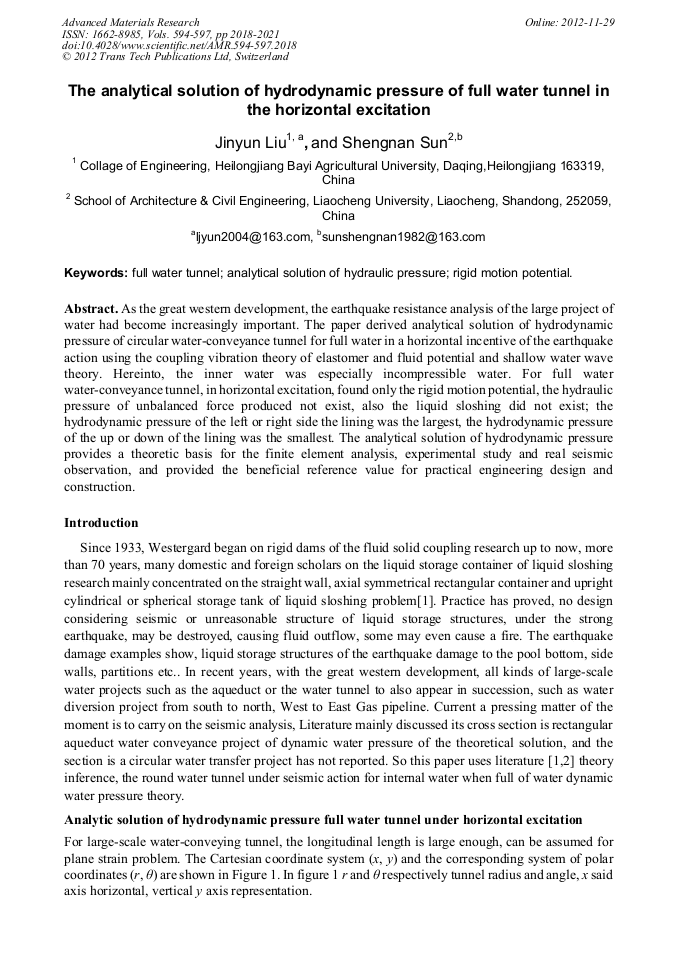 The Analytical Solution of Hydrodynamic Pressure of Full Water Tunnel ...