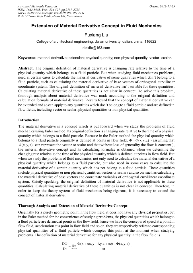 Extension of Material Derivative Concept in Fluid Mechanics ...