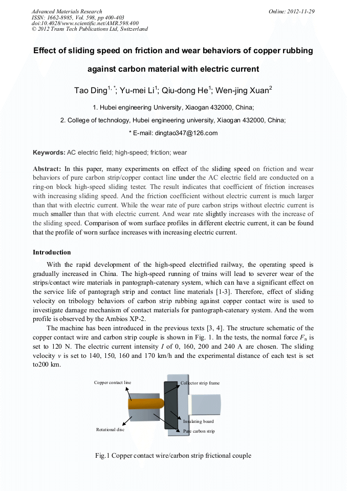 Effect of Sliding Speed on Friction and Wear Behaviors of Copper ...