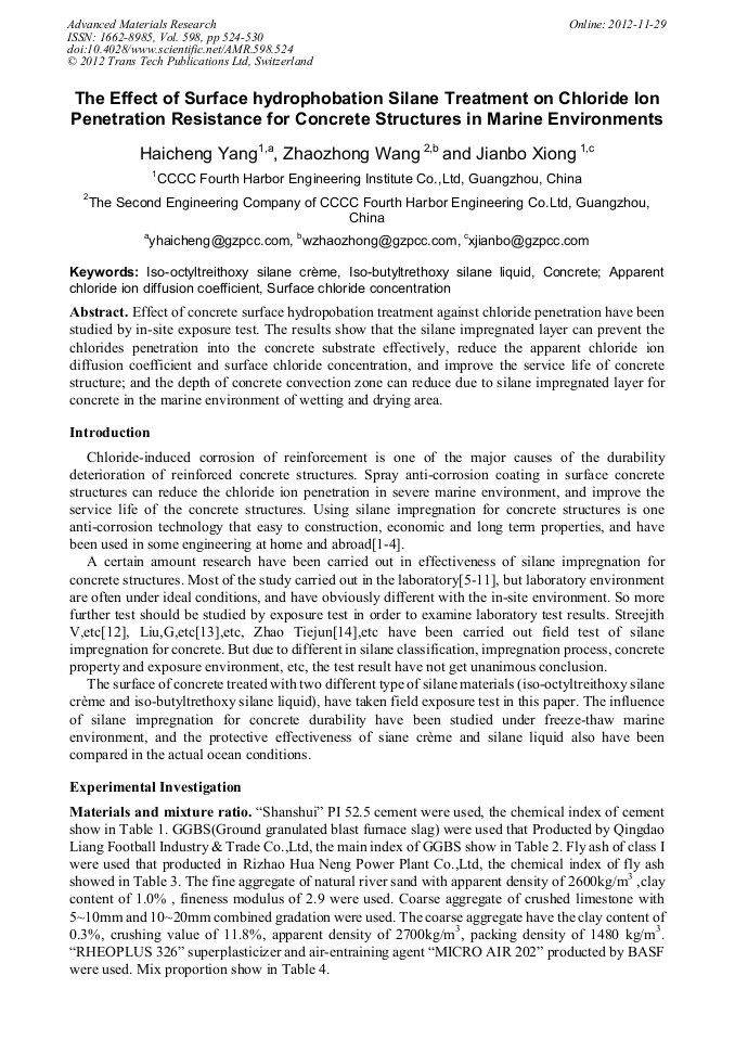The Effect of Surface Hydrophobation Silane Treatment on Chloride Ion ...