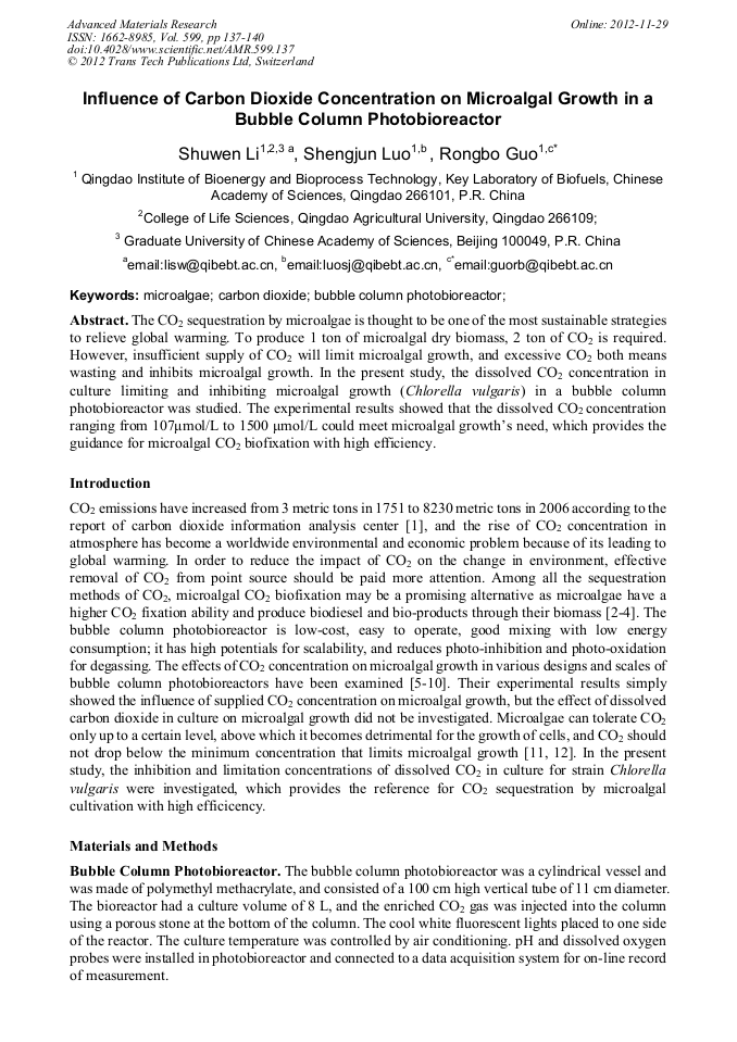 Influence of Carbon Dioxide Concentration on Microalgal Growth in a Bubble Column ...