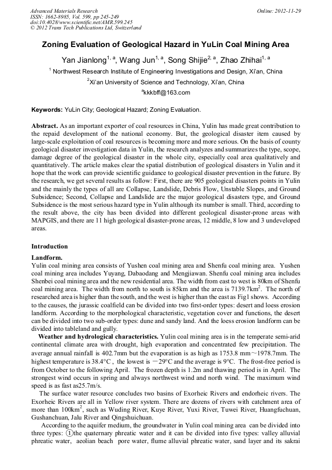 Zoning Evaluation of Geological Hazard in YuLin Coal Mining Area ...