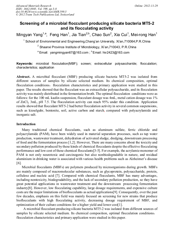 Screening of a Microbial Flocculant Producing Silicate Bacteria MT5-2 ...
