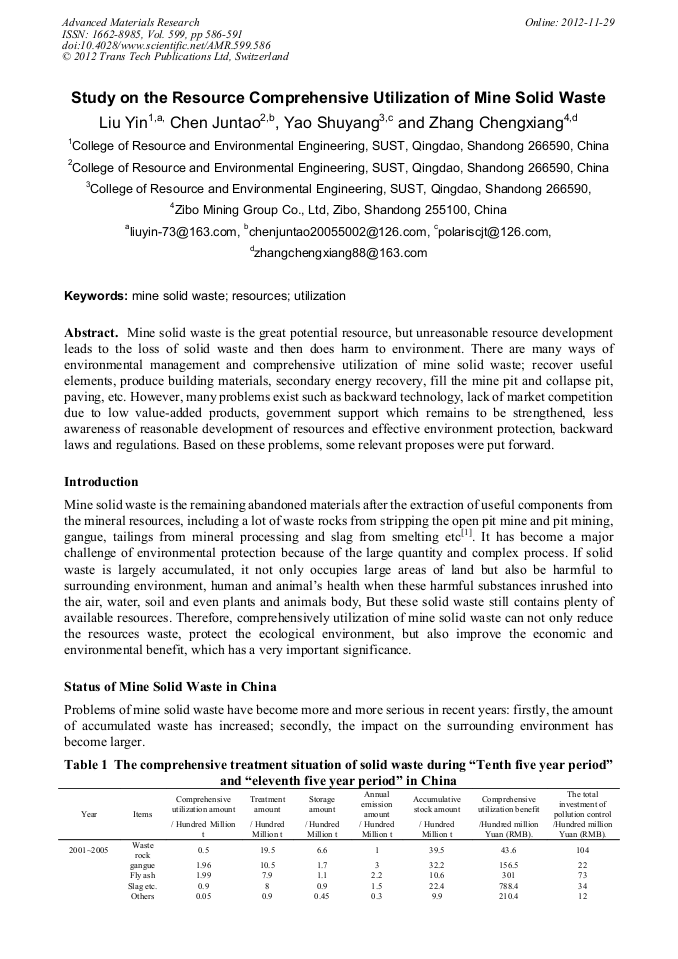Study on the Resource Comprehensive Utilization of Mine Solid Waste ...