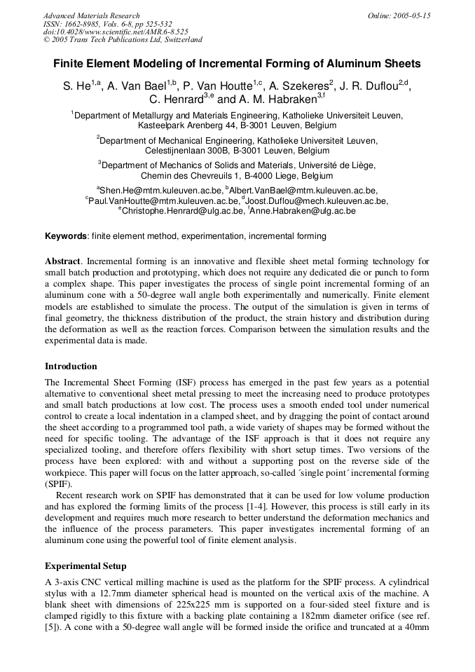 Finite Element Modeling of Incremental Forming of Aluminum Sheets | Scientific.Net