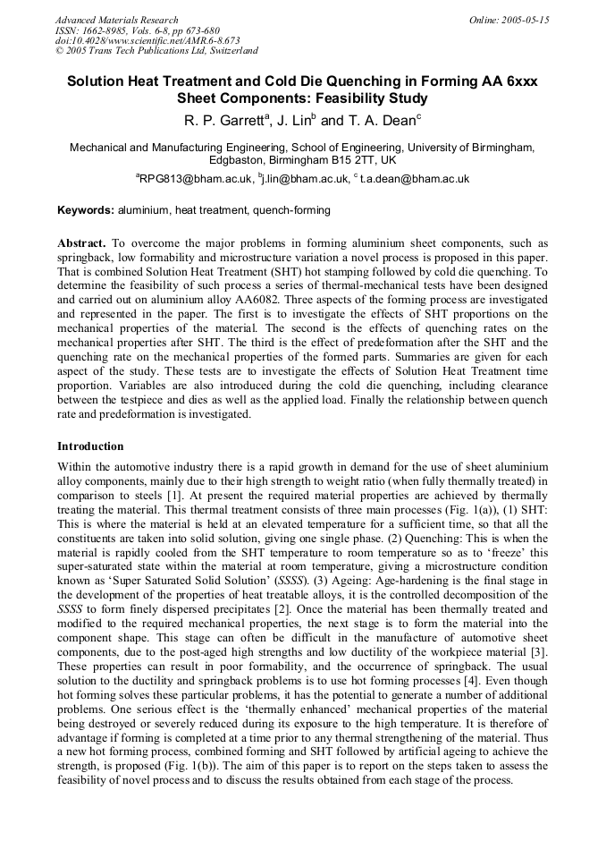 Solution Heat Treatment and Cold Die Quenching in Forming AA 6xxx Sheet ...