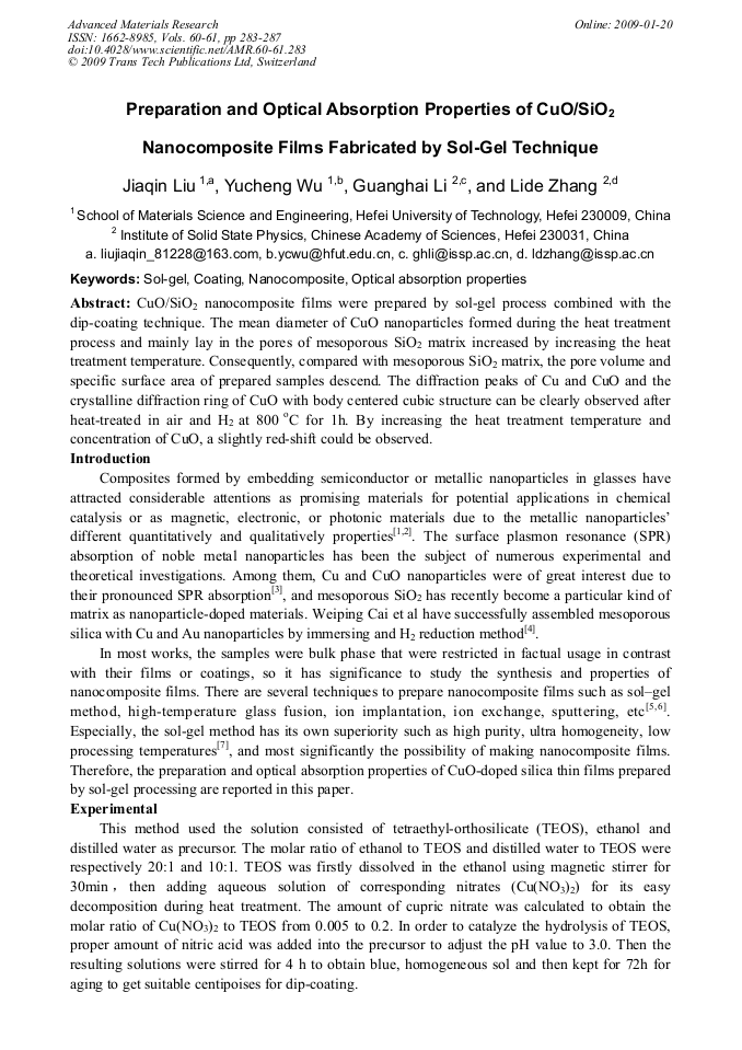 Preparation and Optical Absorption Properties of CuO/SiO2 Nanocomposite ...