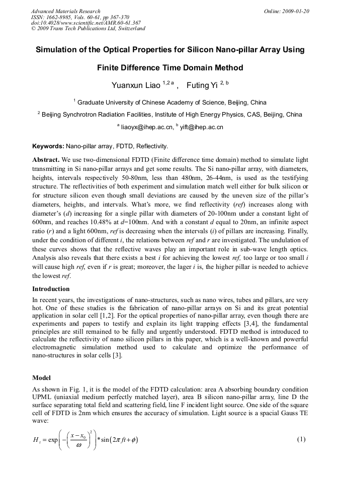 Simulation of the Optical Properties for Silicon Nano-Pillar Array ...