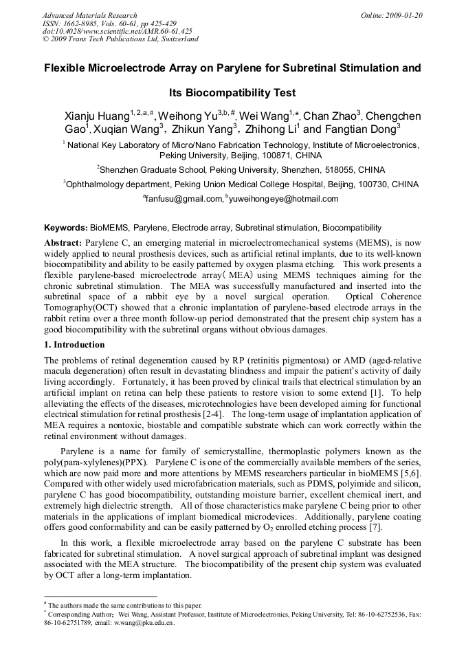 Flexible Microelectrode Array on Parylene for Subretinal Stimulation ...