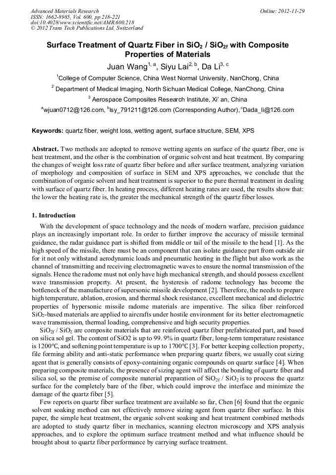 Surface Treatment of Quartz Fiber in SiO2/SiO2f with Composite ...