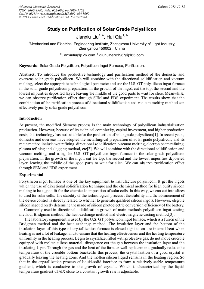 Study on Purification of Solar Grade Polysilicon | Scientific.Net