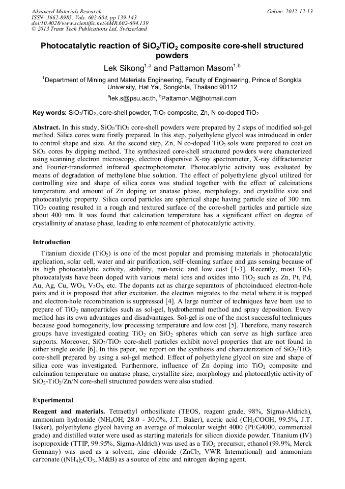 Photocatalytic Reaction of SiO2/TiO2 Composite Core-Shell Structured ...