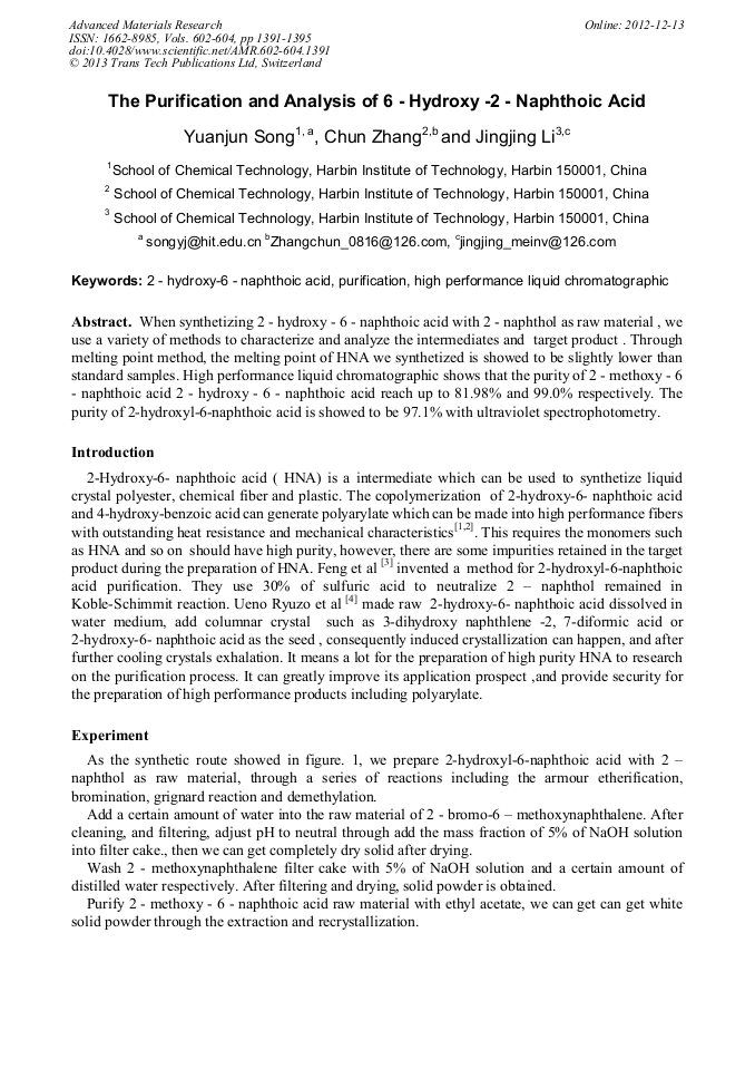 The Purification and Analysis of 6 - Hydroxy -2 - Naphthoic Acid ...