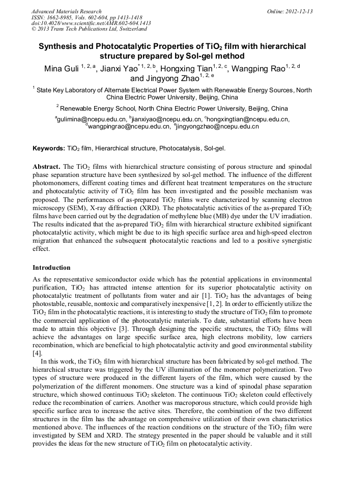 Synthesis and Photocatalytic Properties of TiO2 Film with Hierarchical ...