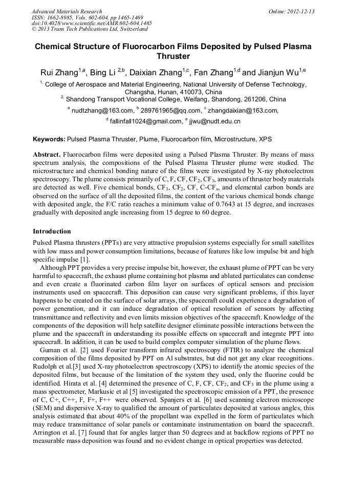 Chemical Structure of Fluorocarbon Films Deposited by Pulsed Plasma ...