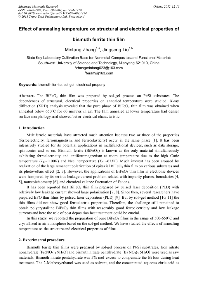 Effect of Annealing Temperature on Structural and Electrical Properties of Bismuth Ferrite Thin ...