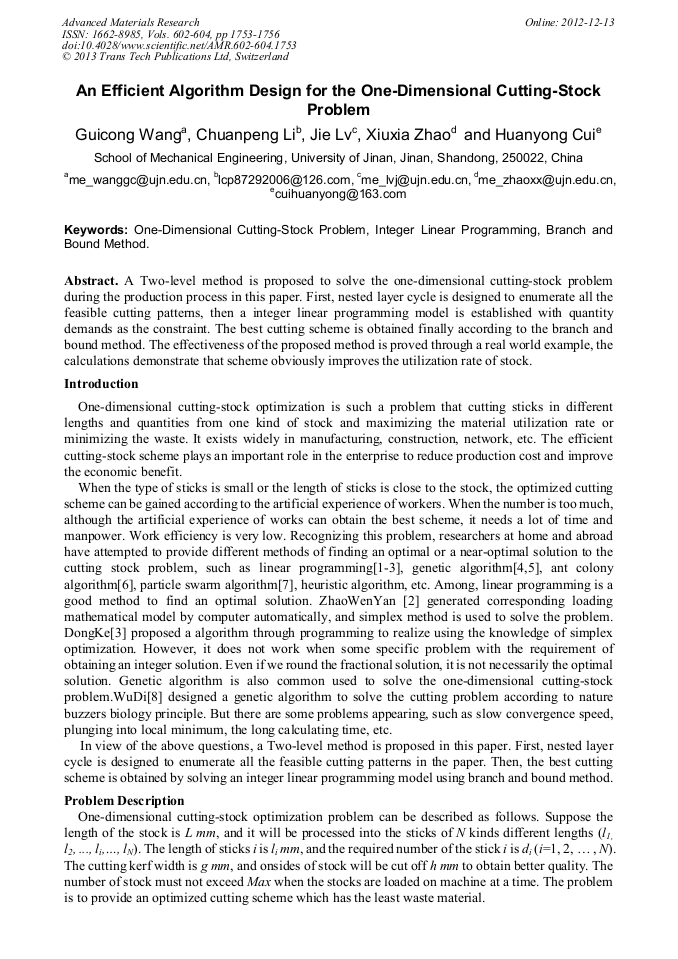 An Efficient Algorithm Design For The One Dimensional Cutting Stock Problem Scientificnet