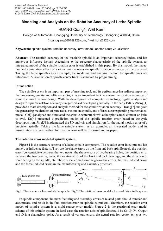Modeling and Analysis on the Rotation Accuracy of Lathe Spindle | Scientific.Net
