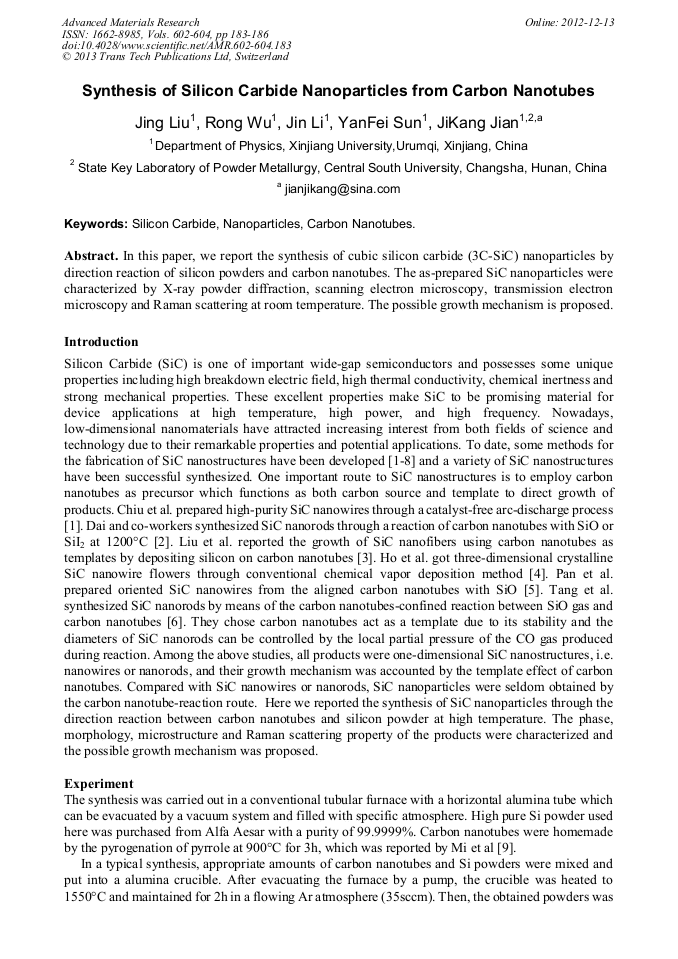 Synthesis of Silicon Carbide Nanoparticles from Carbon Nanotubes ...