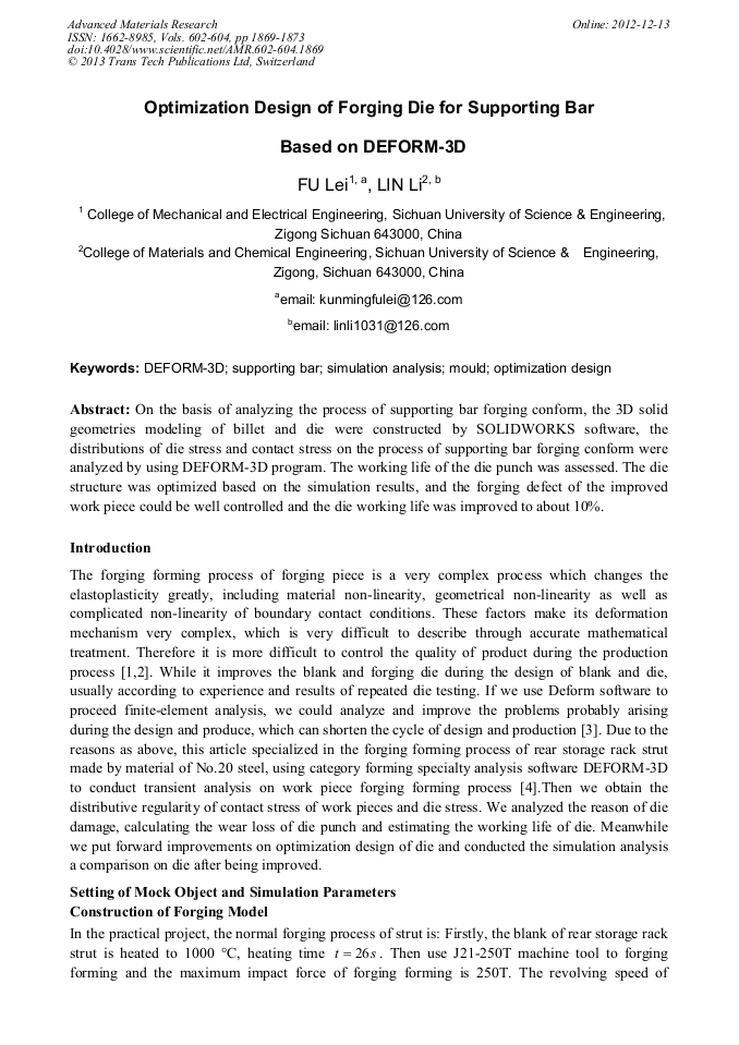 Optimization Design of Forging Die for Supporting Bar Based on DEFORM ...