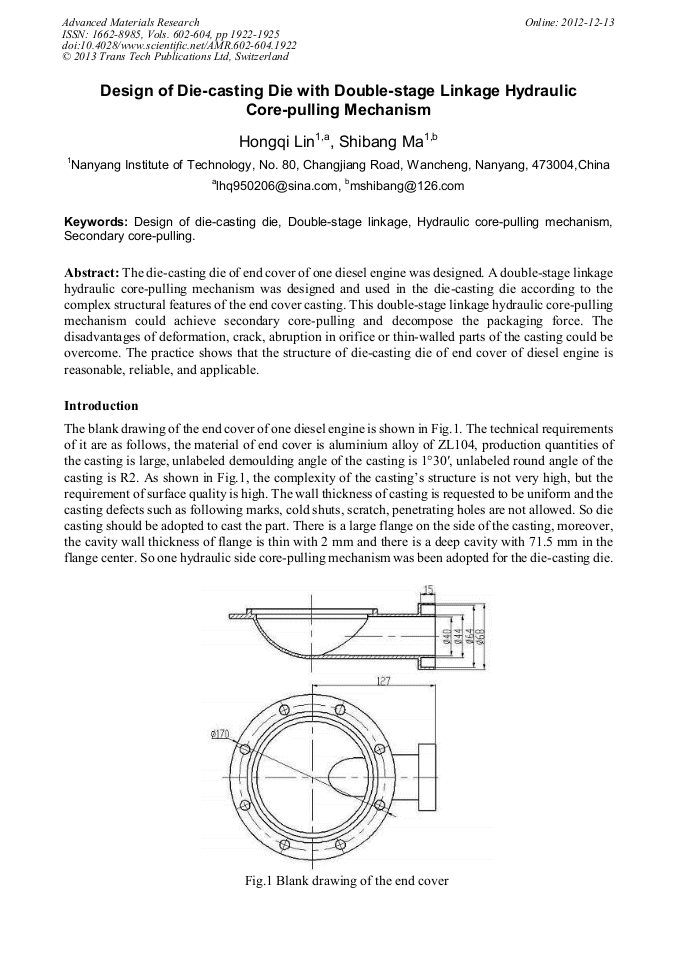 Design of Die-Casting Die with Double-Stage Linkage Hydraulic Core ...