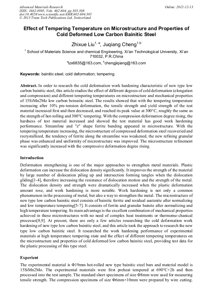 Effect of Tempering Temperature on Microstructure and Properties of Cold Deformed Low Carbon ...