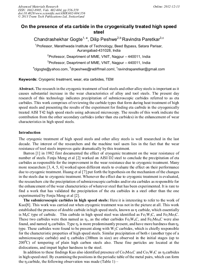 On the Presence of Eta Carbide in the Cryogenically Treated High Speed ...