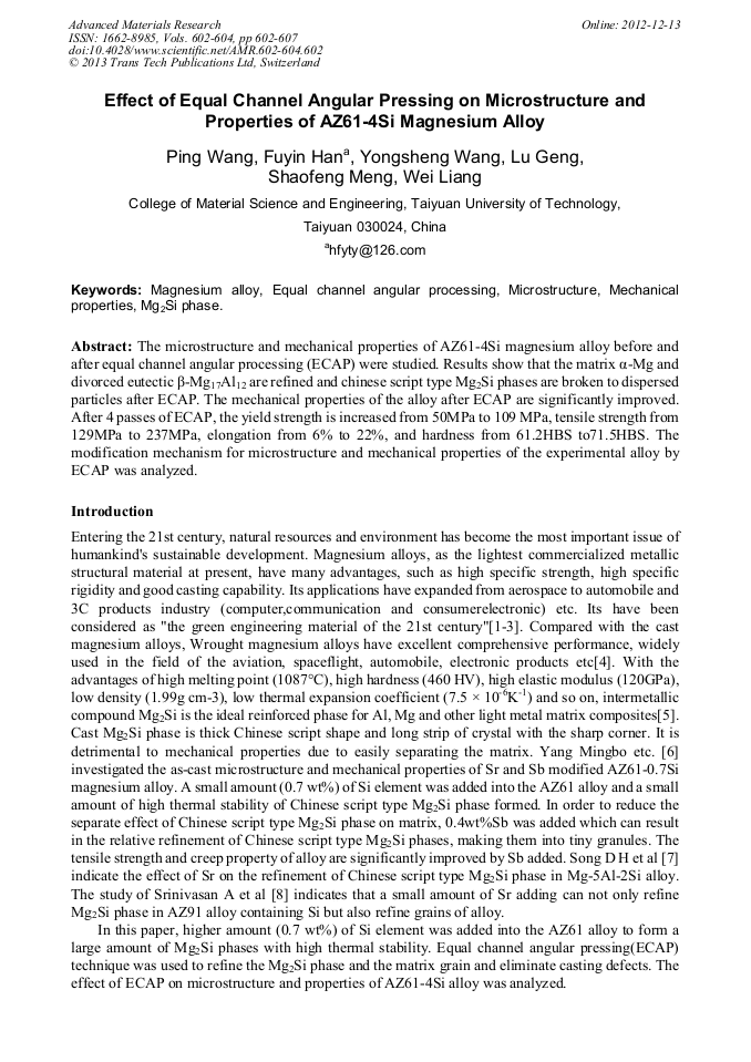 Effect of Equal Channel Angular Pressing on Microstructure and Properties of AZ61-4Si Magnesium ...