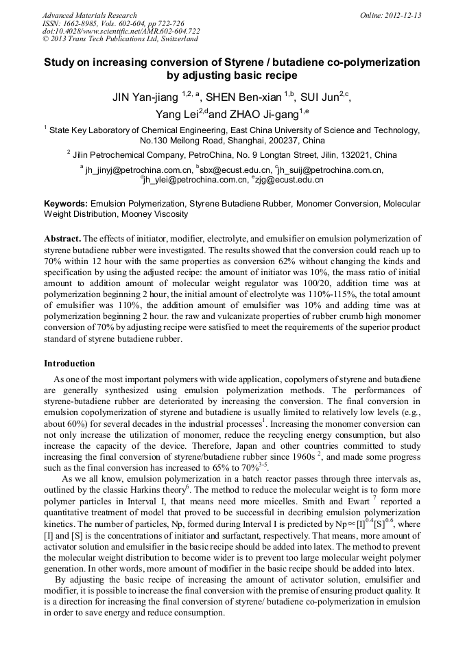 Study on Increasing Conversion of Styrene/Butadiene Co-Polymerization ...