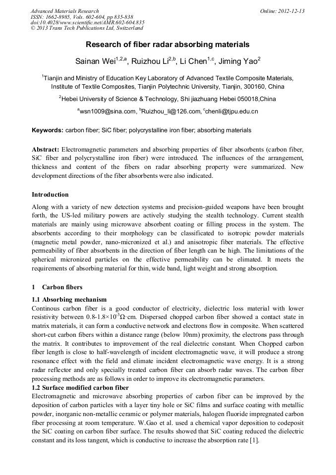 Research of Fiber Radar Absorbing Materials | Scientific.Net
